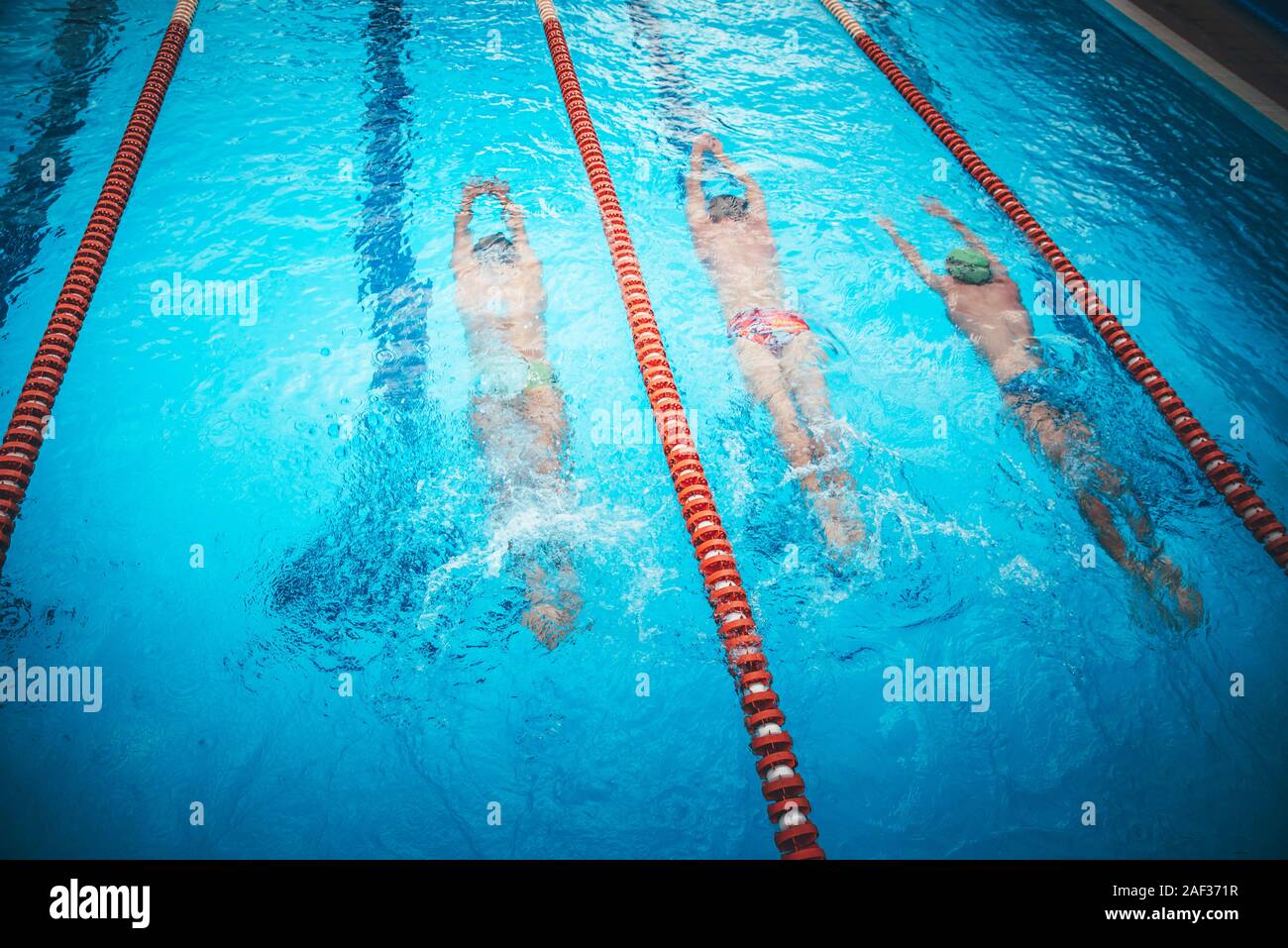 triathlete with swimsuit swimming on a blue water pool. Professional ...