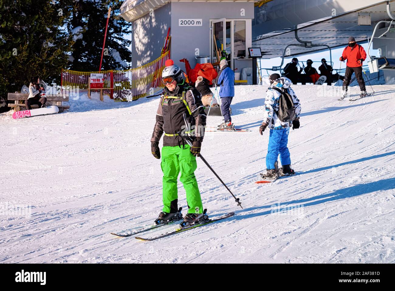 Men skiing and snowbording on ski resort Penken Park Austria Stock ...