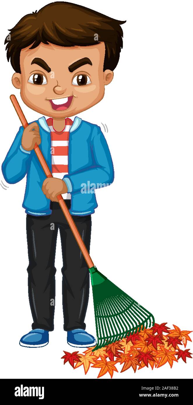Boy raking leaves on white background illustration Stock Vector Image ...