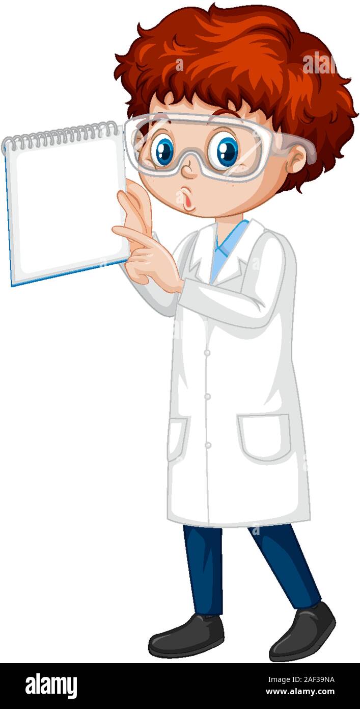 Boy in science gown with notebook on white background illustration ...