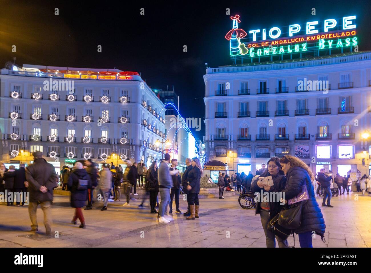 The Puerta del Sol in the Centre of Madrid, Spain at night, The Tio ...