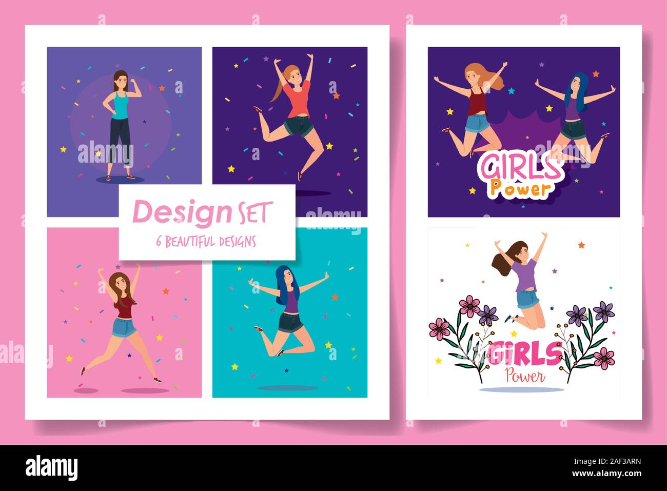 set six designs of girl power card with decoration Stock Vector Image ...