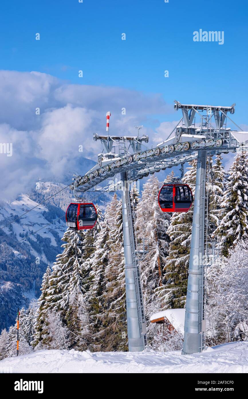 Red Cable cars at Zillertal Arena ski resort Tyrol Austria Stock Photo ...