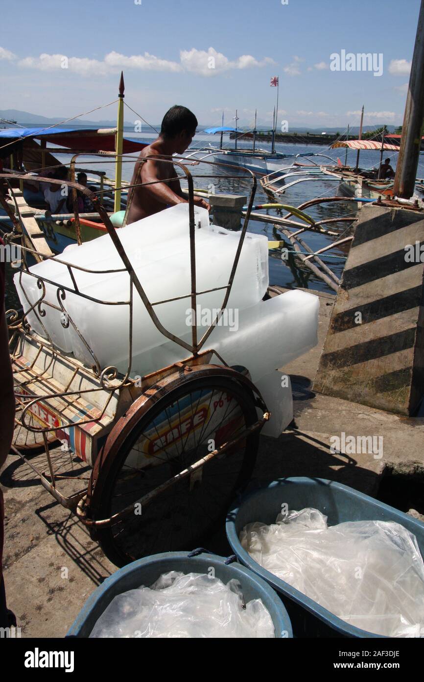 Ice blocks being transported for use of the artisanal Filipino tuna ...