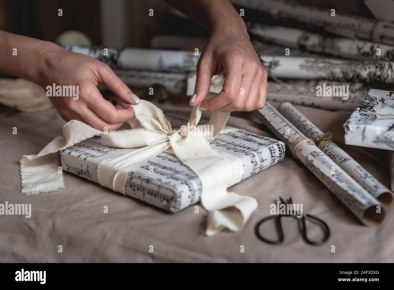 Hands wrapping stylish gift box Stock Photo - Alamy