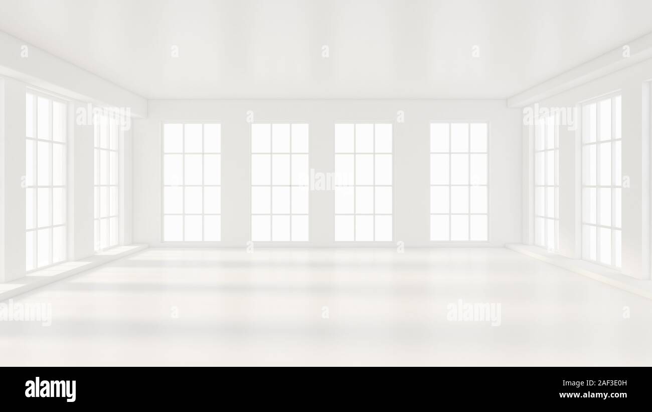 White empty interior, white room with windows, background. 3d rendering ...