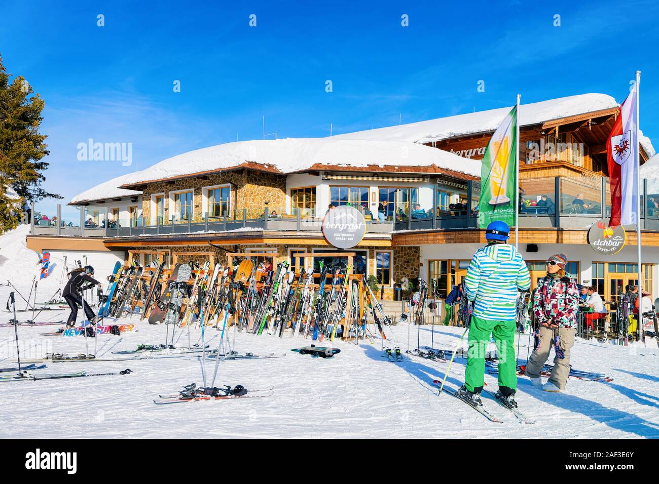 People at restaurant chalet house at Penken Park Austria Stock Photo ...