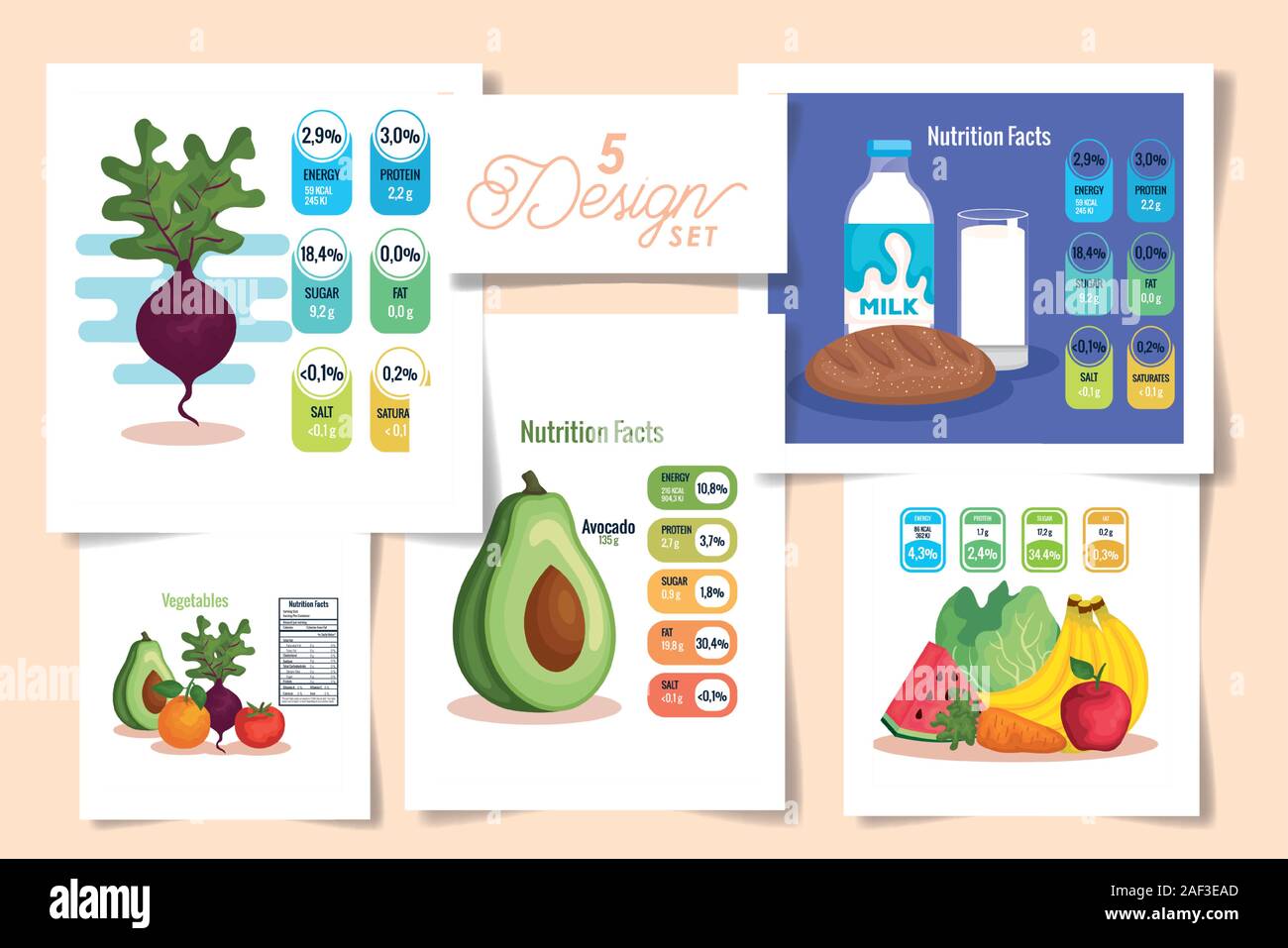 set five designs of nutrition facts with healthy food Stock Vector ...
