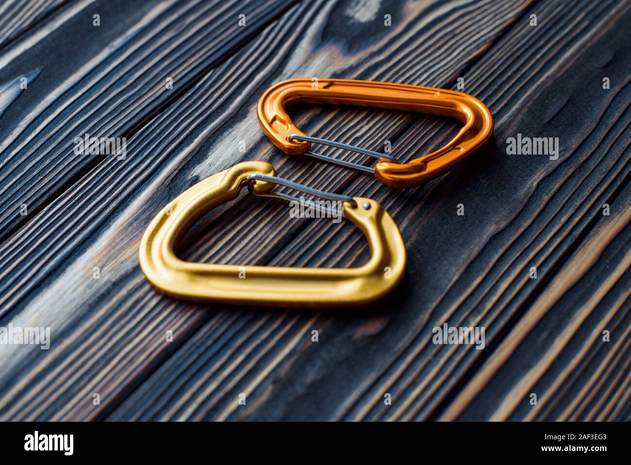Safety first. Isolated photo of climbing equipment. Parts of carabiners ...