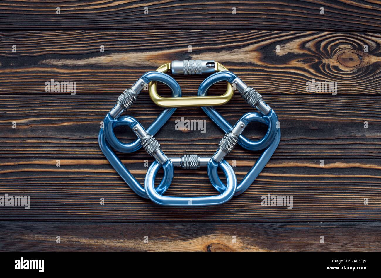 Circle of objects. Isolated photo of climbing equipment. Parts of ...