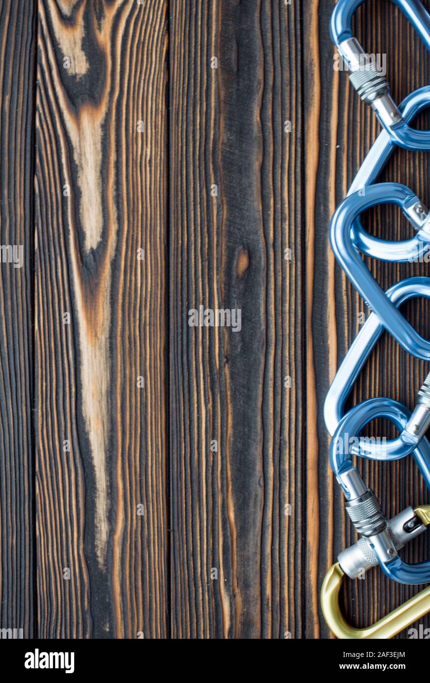 In the store. Isolated photo of climbing equipment. Parts of carabiners ...
