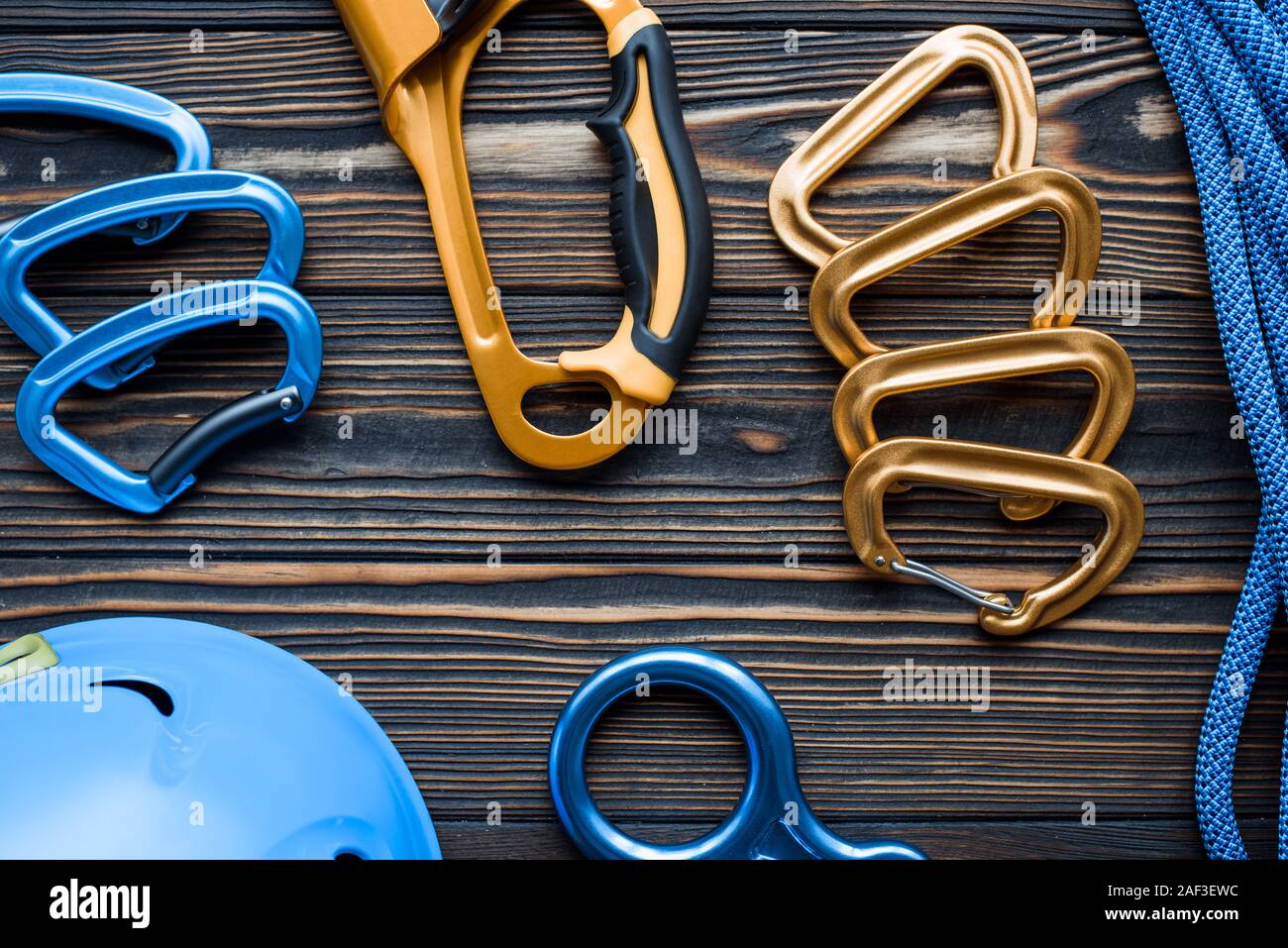 Little but strong. Isolated photo of climbing equipment. Parts of ...