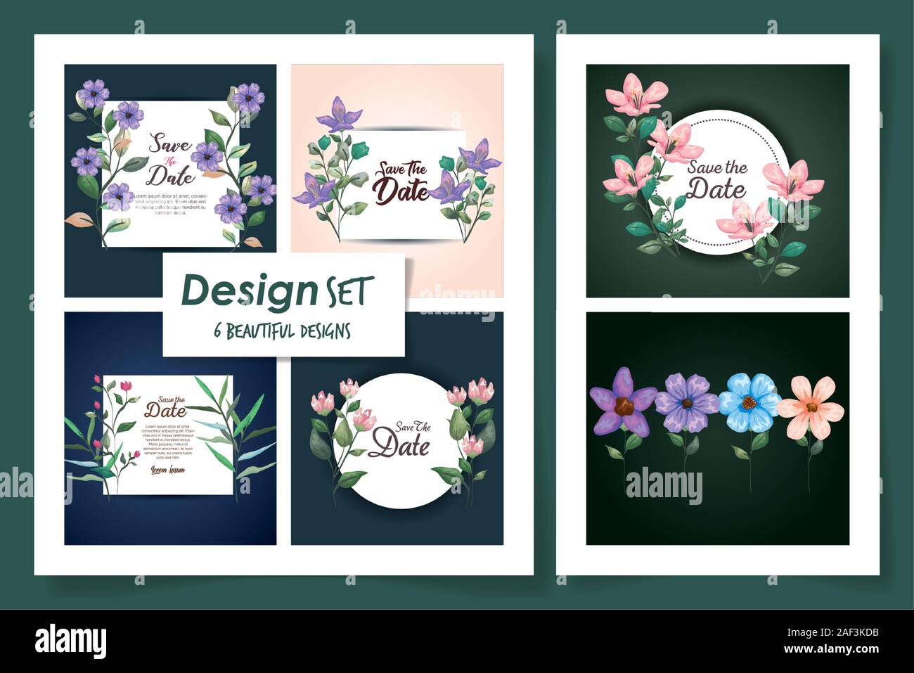 set six designs of cards with flowers decoration and leafs Stock Vector ...