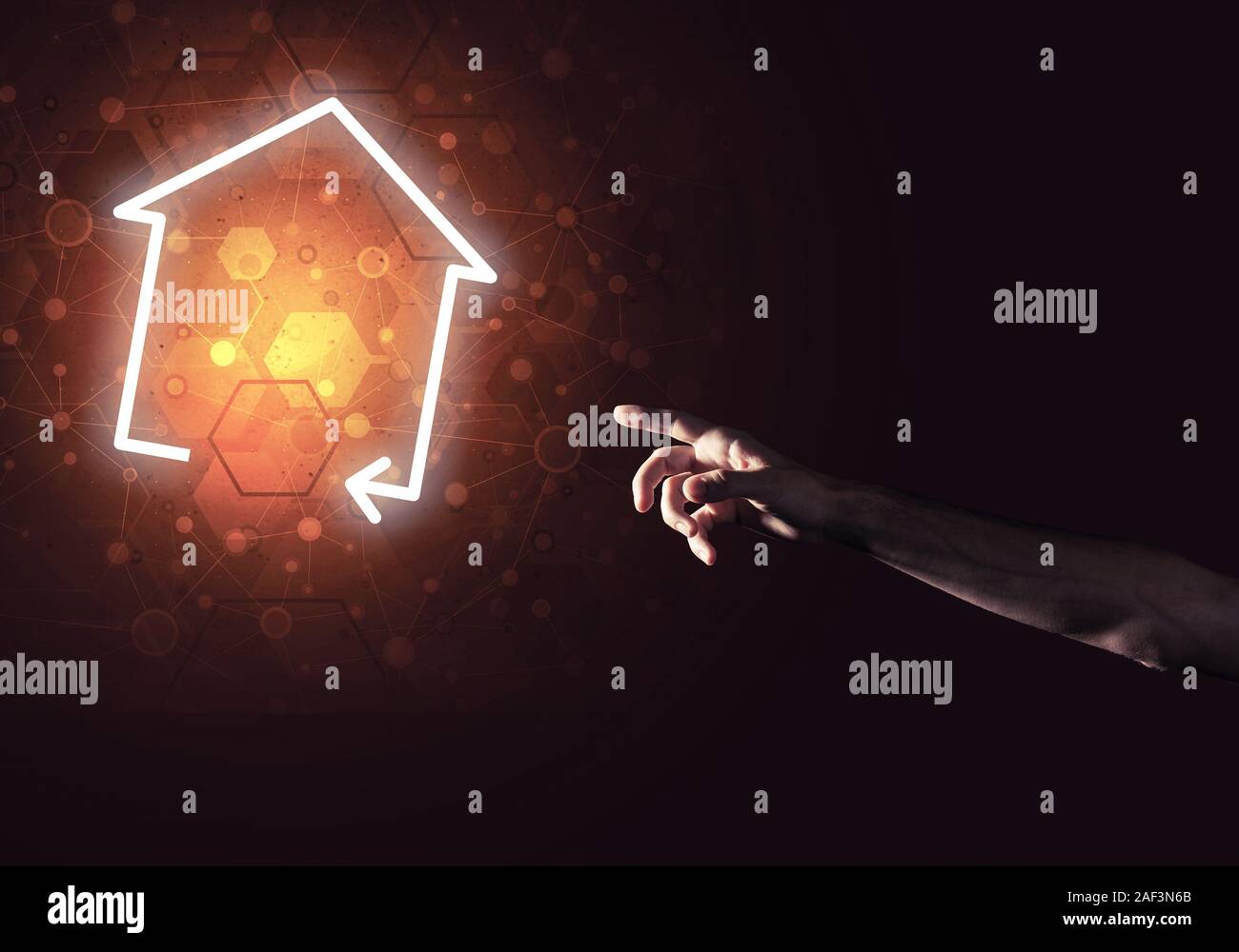 Hand of man touching with finger glowing home icon or symbol Stock ...