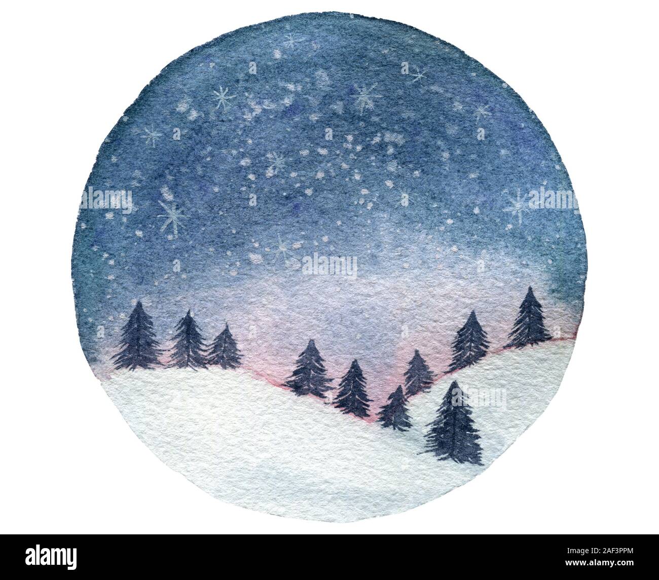 watercolor winter landscape with trees and blue night sky, winter globe ...