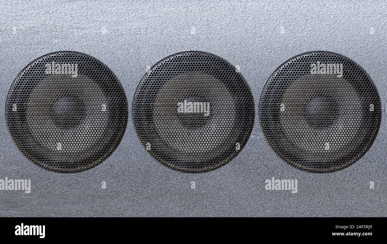 Music and sound. Front view of three old grey sound system speakers ...