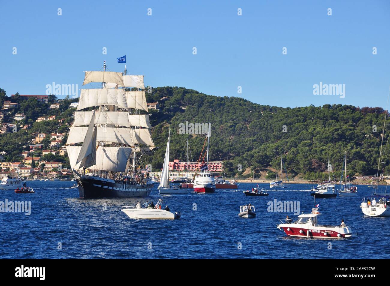 French three masts barque Belem with its sails during the parade at sea ...