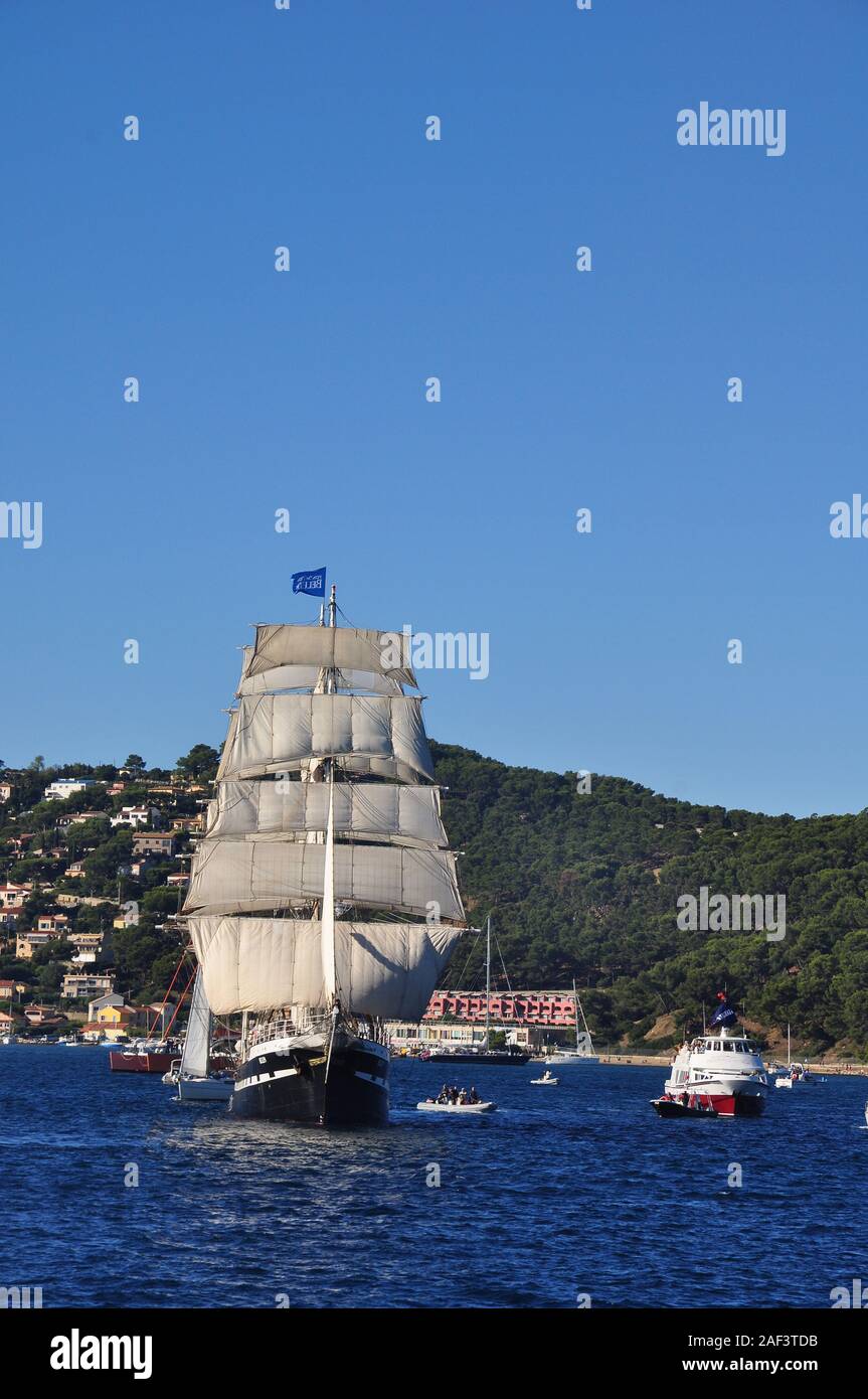 French three masts barque Belem with its sails during the parade at sea ...