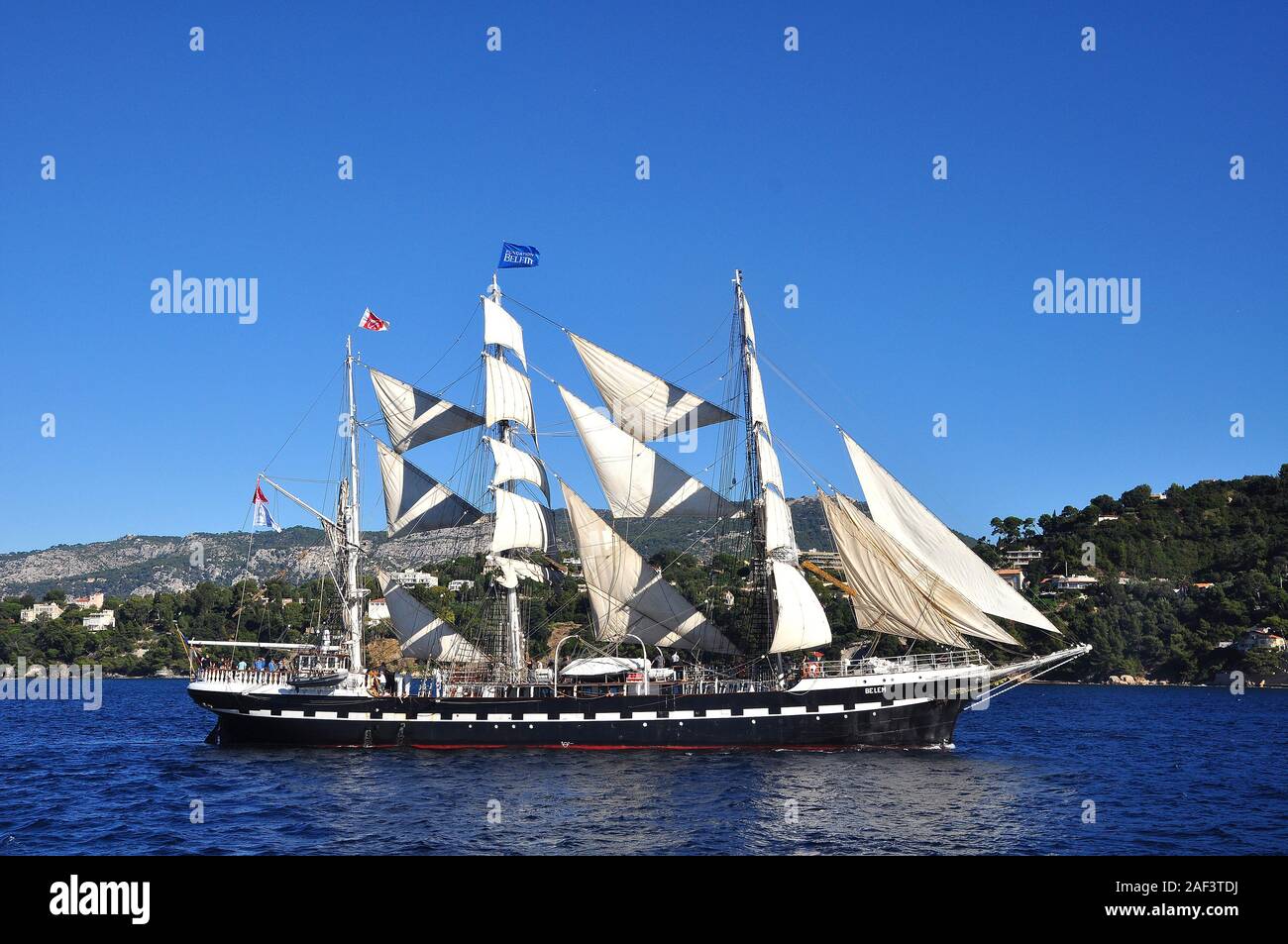 French three masts barque Belem with its sails during the parade at sea ...