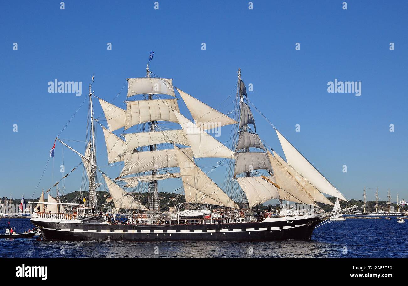 French three masts barque Belem with its sails during the parade at sea ...