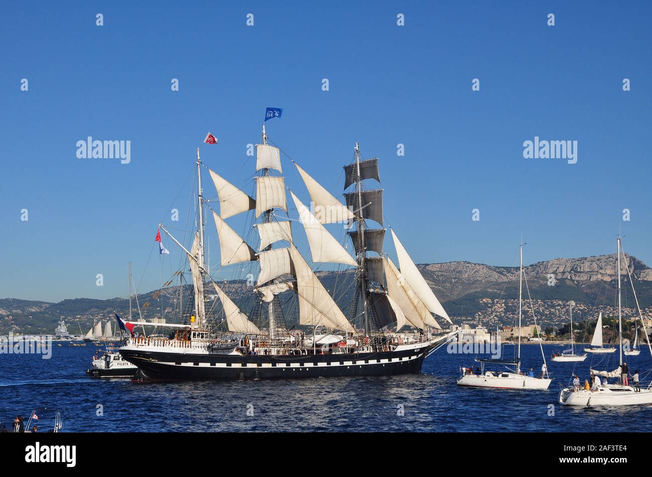 French three masts barque Belem with its sails during the parade at sea ...