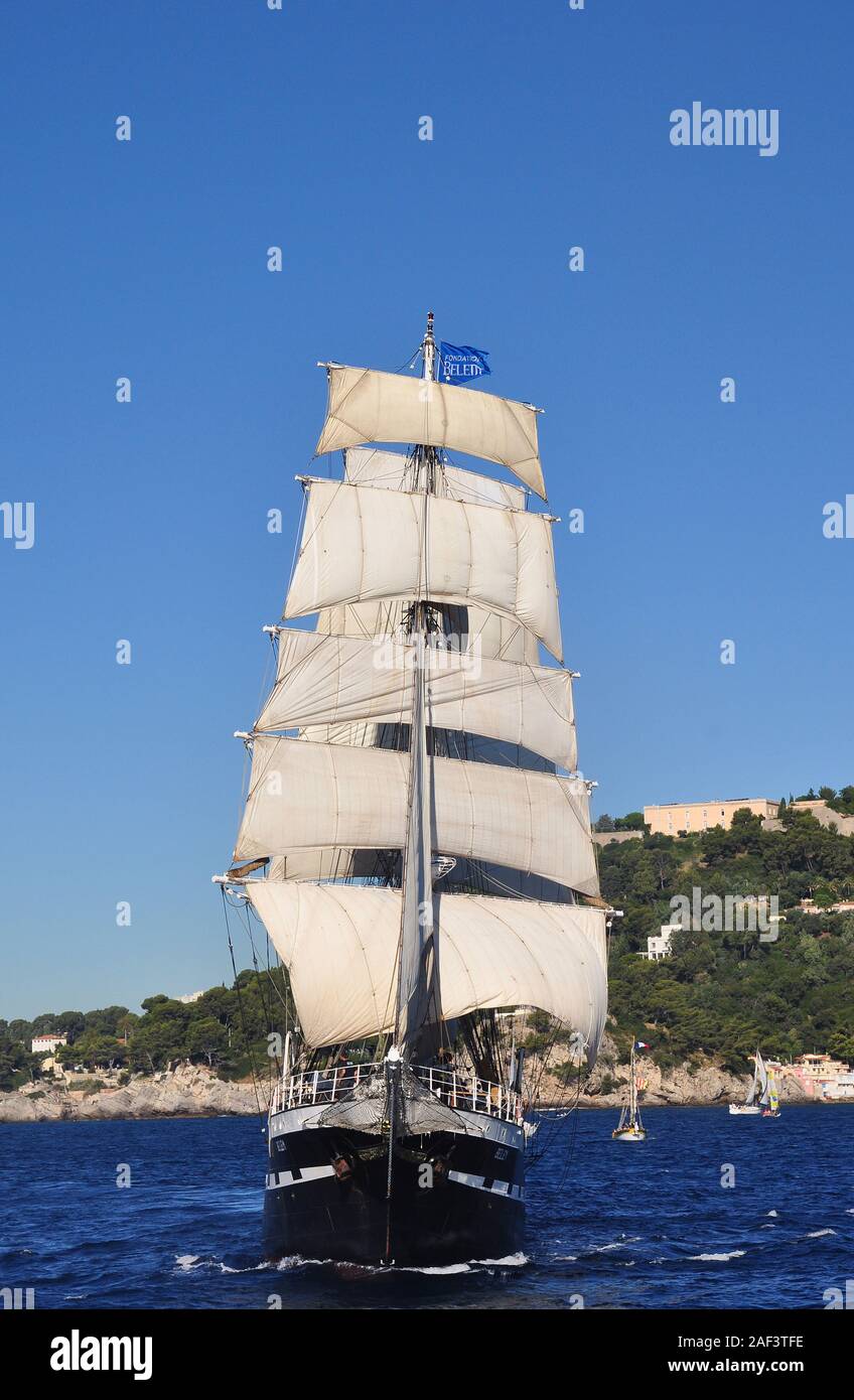 French three masts barque Belem with its sails during the parade at sea ...