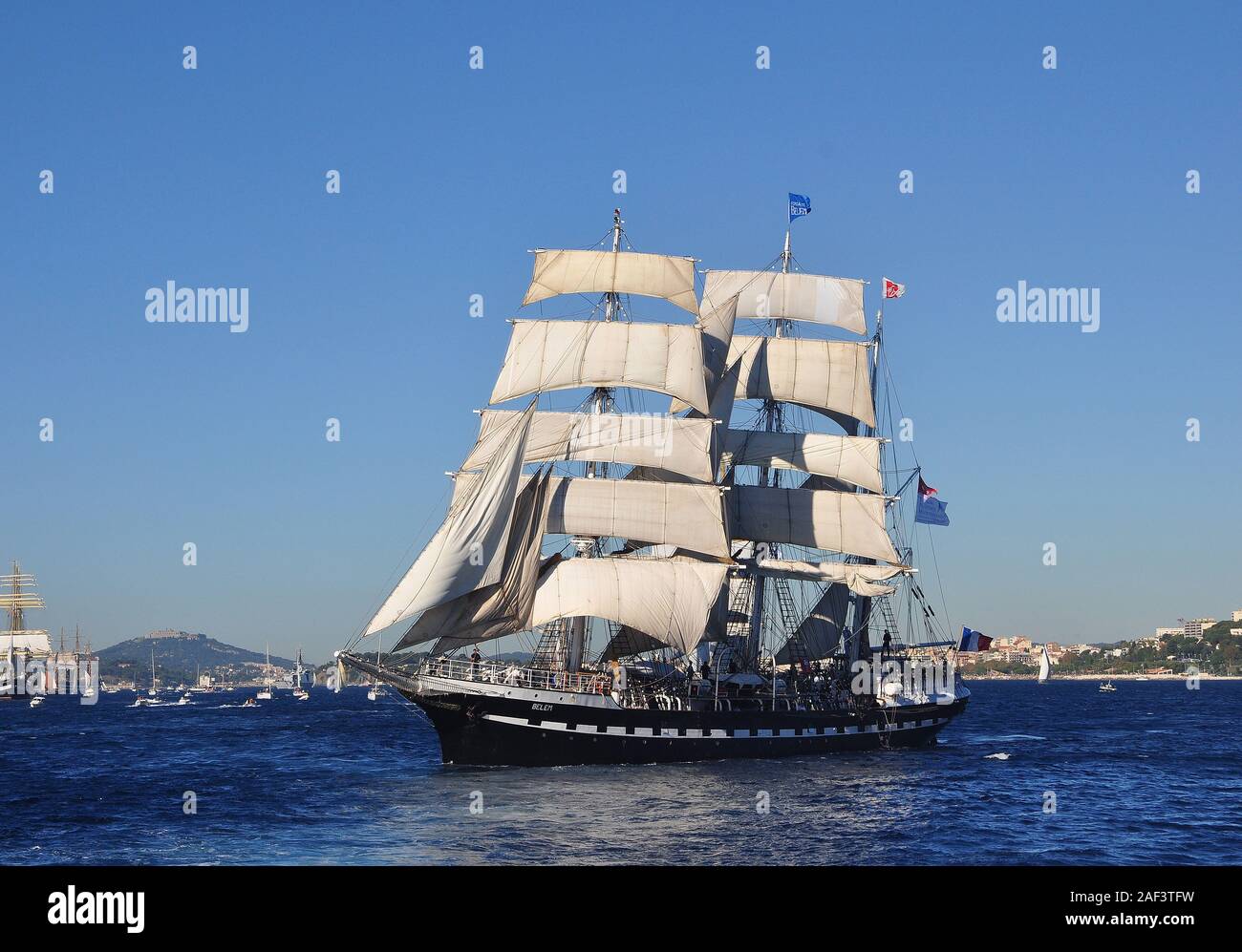 French three masts barque Belem with its sails during the parade at sea ...