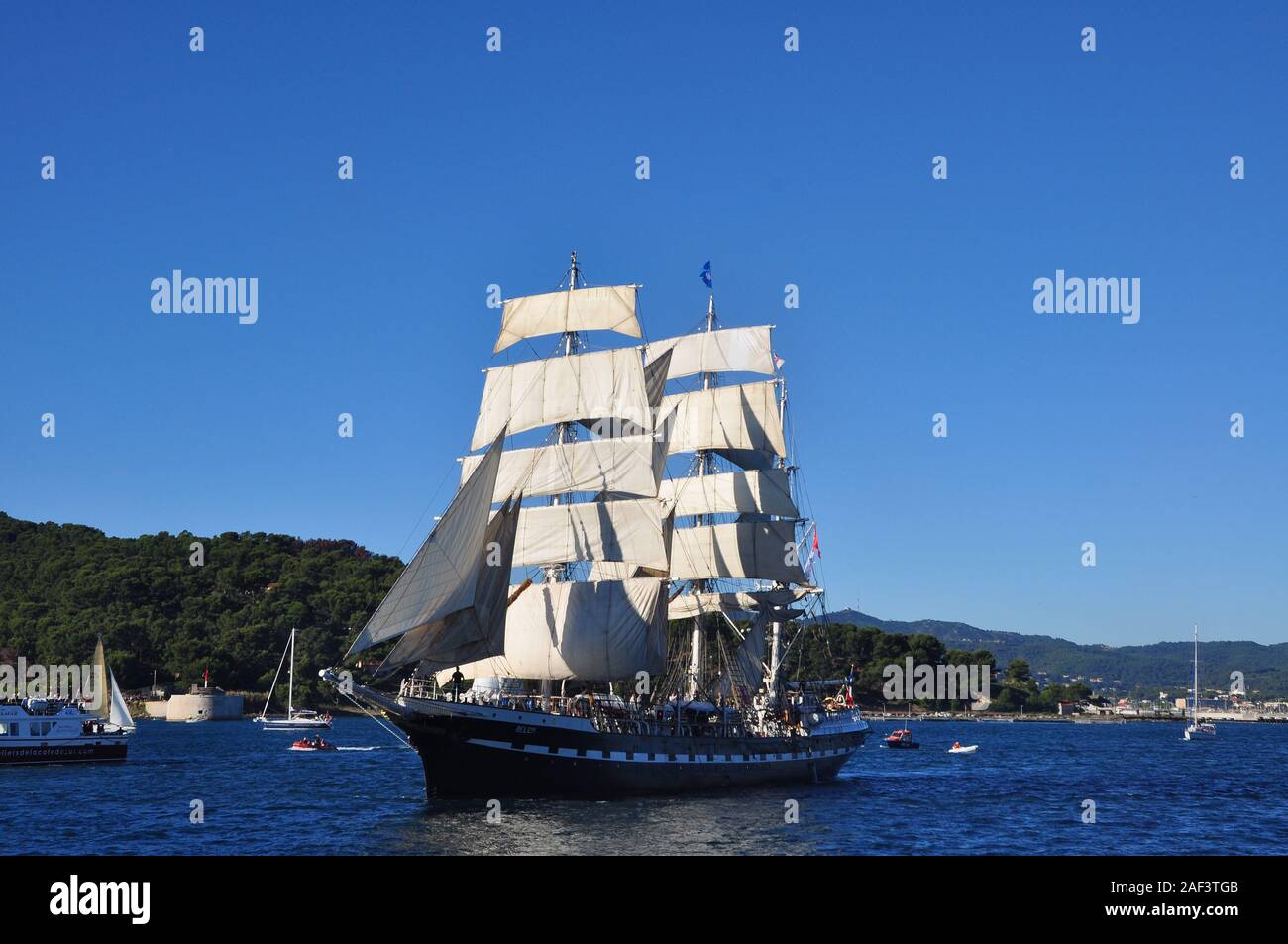 French three masts barque Belem with its sails during the parade at sea ...