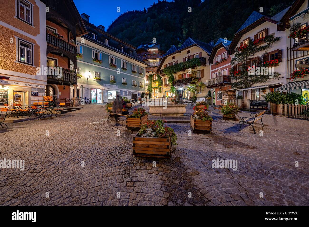 Hallstatt, Austria - Town square at night Stock Photo - Alamy