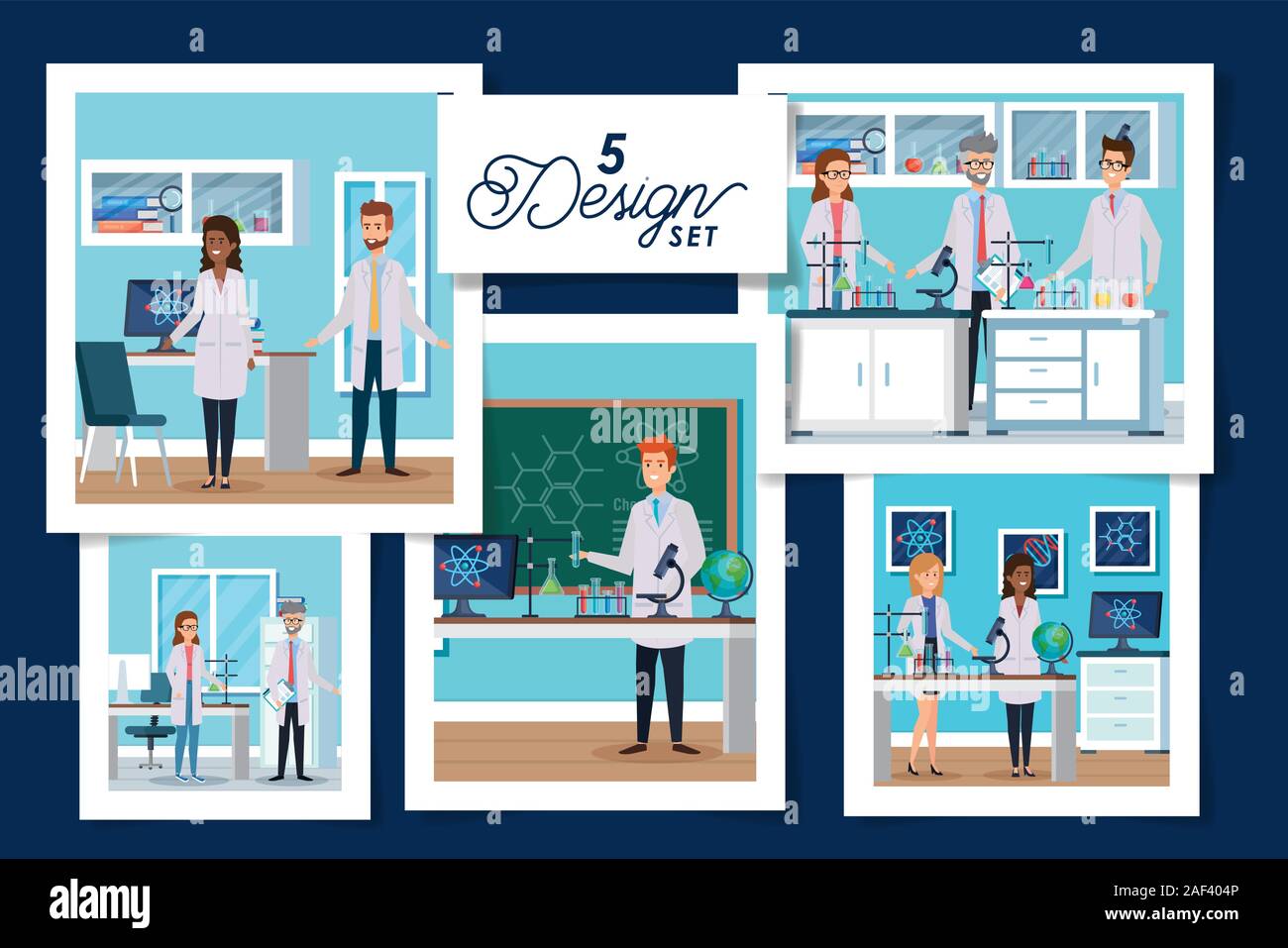 set of five designs laboratory scenes with group scientific Stock ...