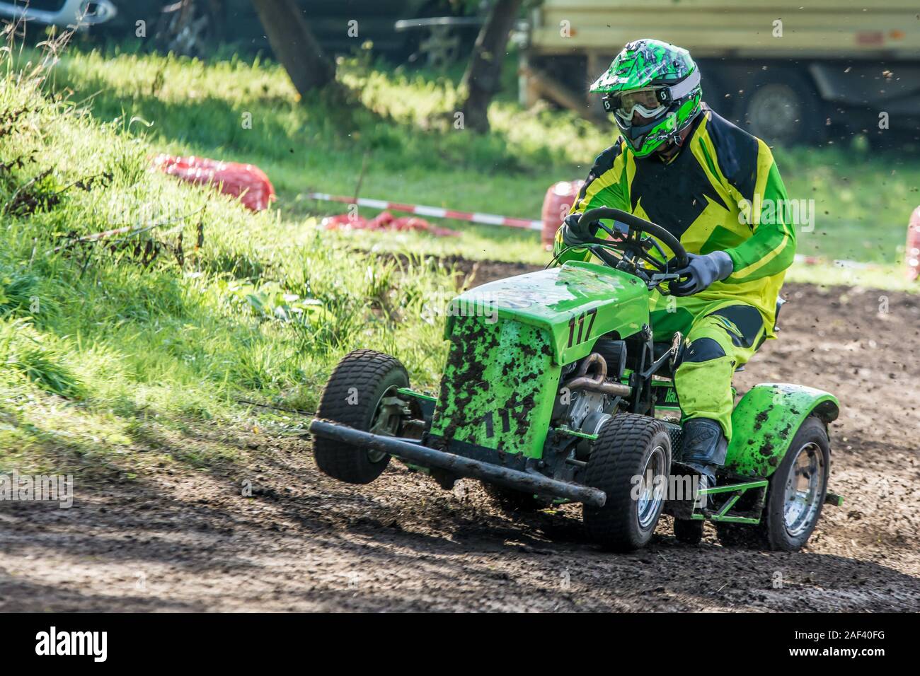 Raging tractor driver with tuned tractor Stock Photo - Alamy