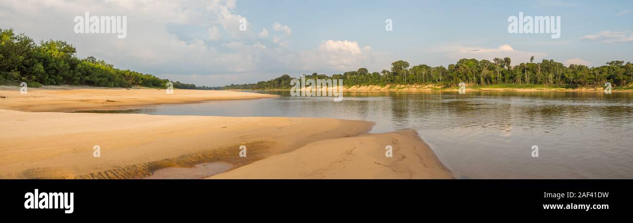 Sandy beach at the Javari River, the tributary of the Amazon River ...