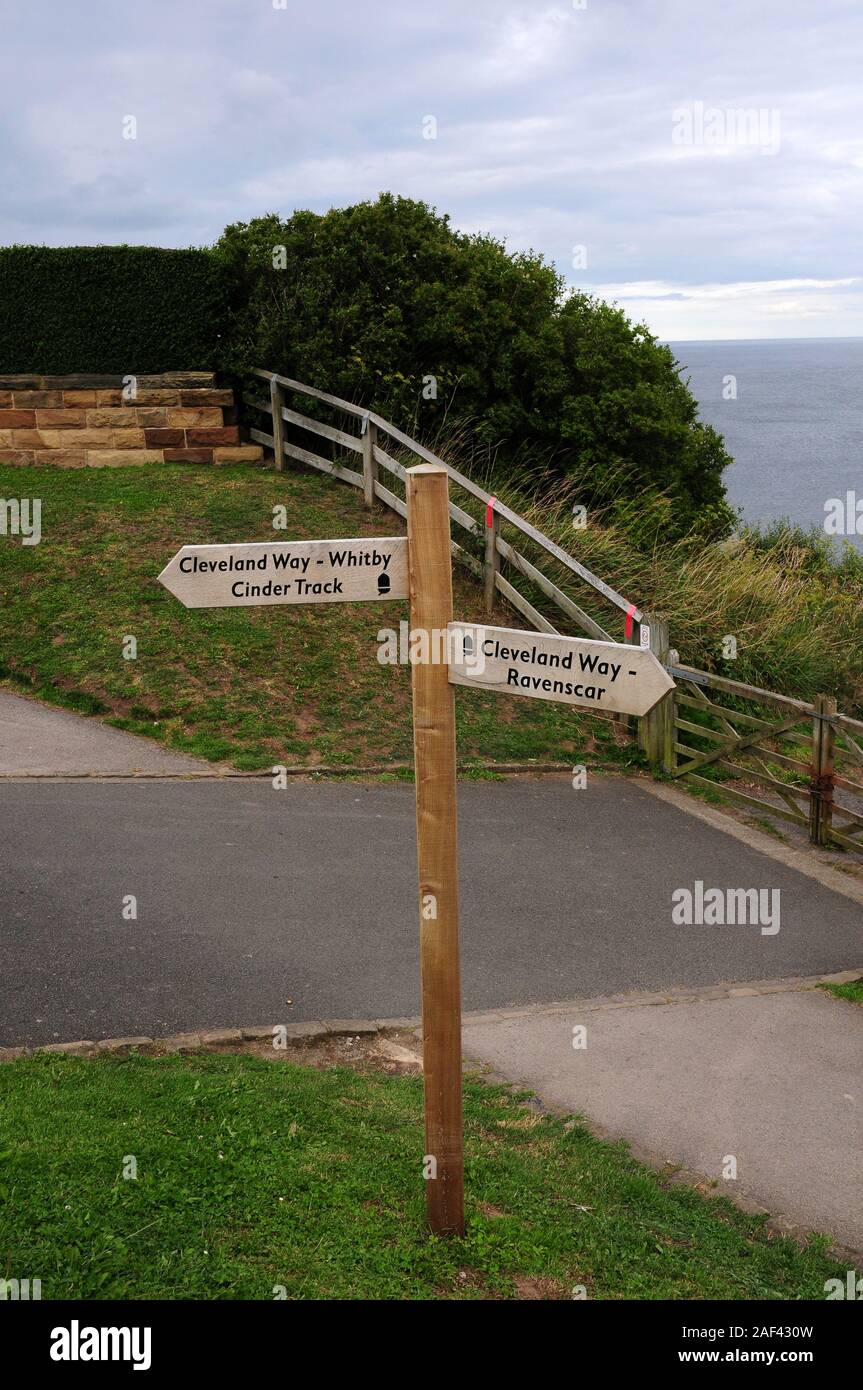 Sigpost showing directions for the Cleveland Way, Robin Hood's Bay ...