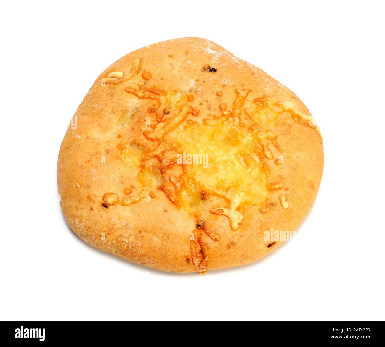 Round flat loaf of white bread with cheese isolated on white Stock ...