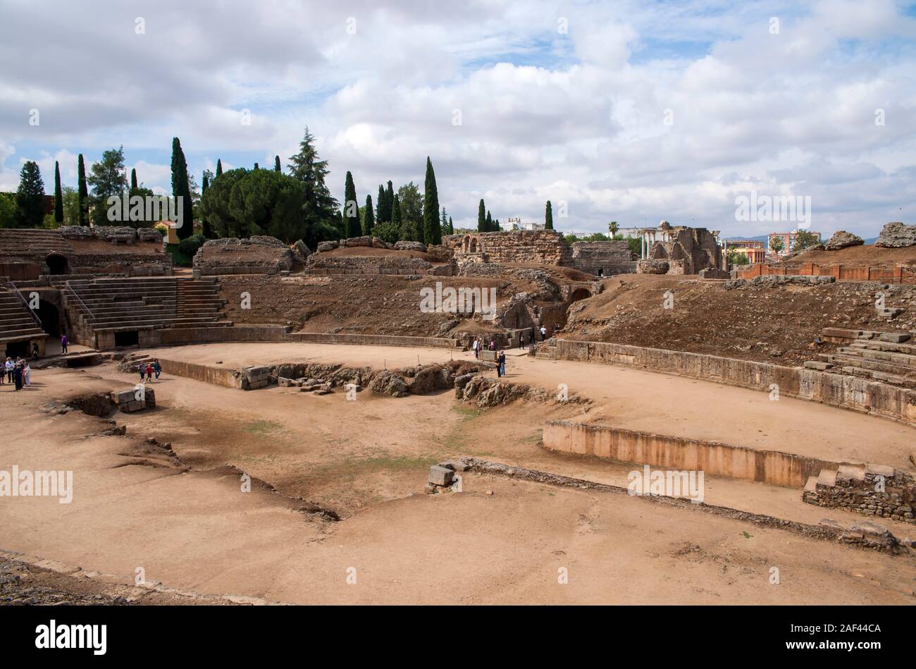remains of the Roman amphitheatre of Merida, Spain Stock Photo - Alamy