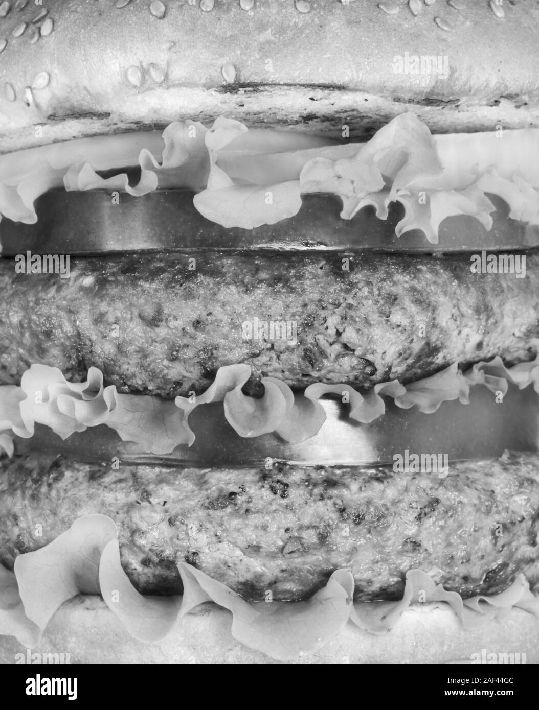 Over sized stack of beef burgers with salad filling Stock Photo - Alamy