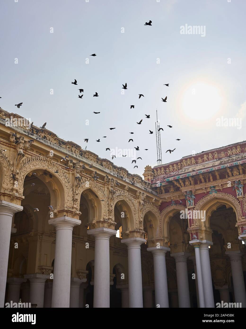 Birds flying above the arches of Thirumalai Nayakkar Mahal Stock Photo ...