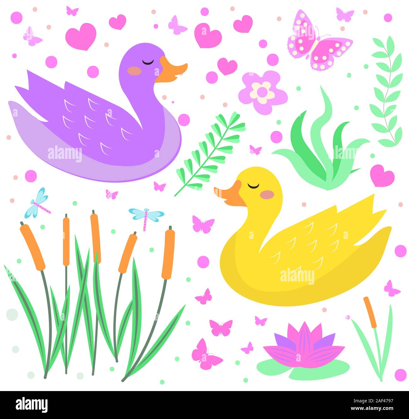 Cute duck set objects. Collection design elements with reeds, water ...