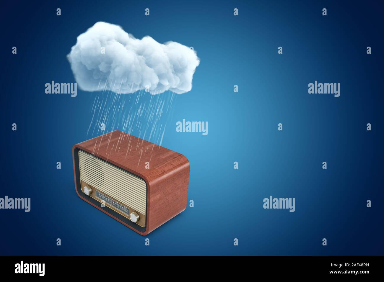 3d rendering of white rainy cloud above vintage retro radio on blue ...