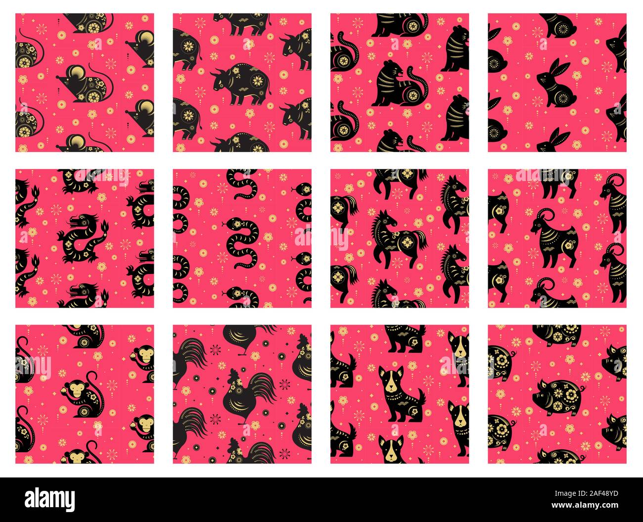 Chinese new year, zodiac signs, seamless patterns. Vector illustration ...
