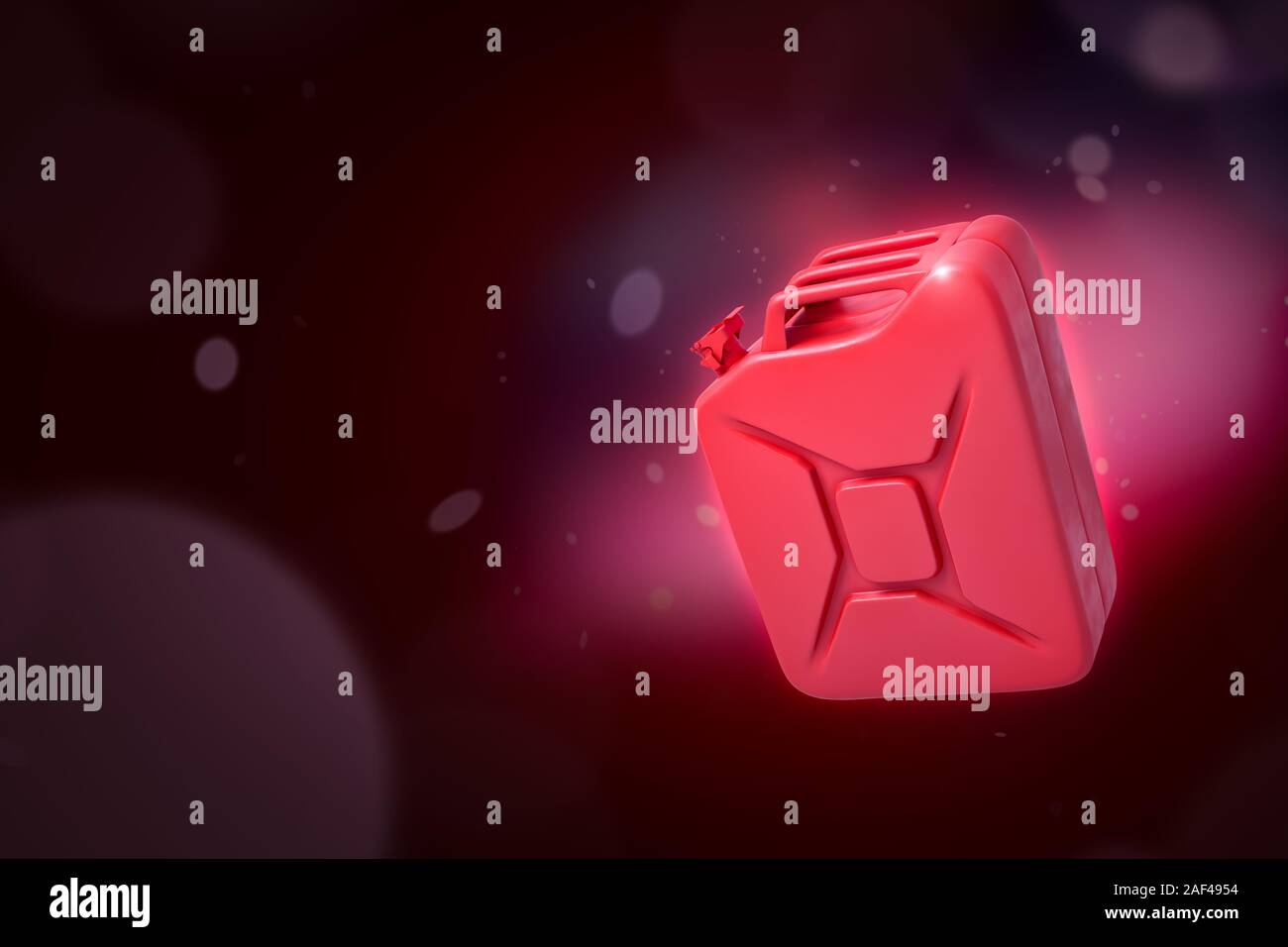 3d rendering of red gasoline can on dark neon background. Digital art ...