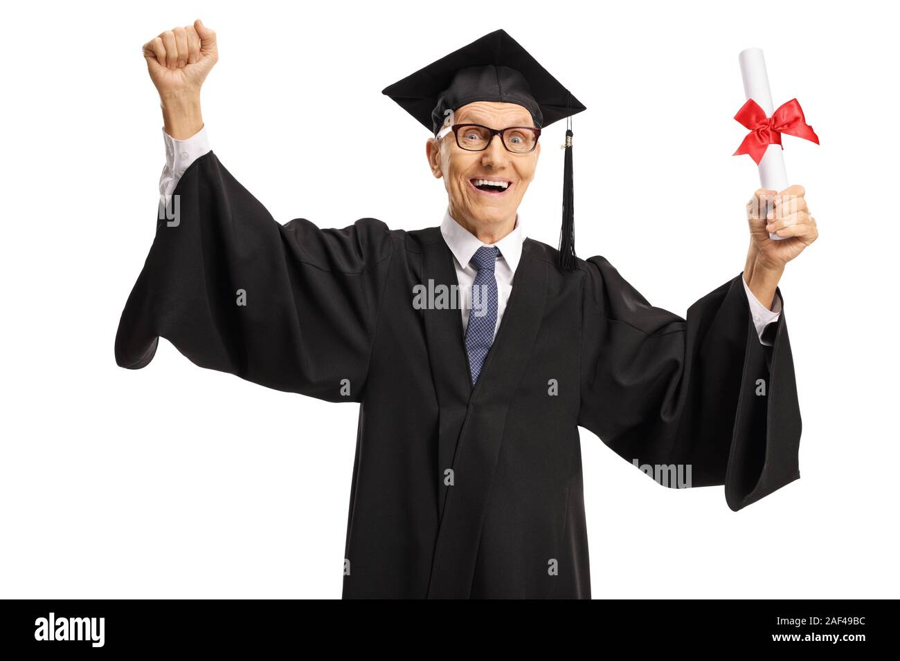 Happy elderly male graduate holding a diploma isolated on white ...