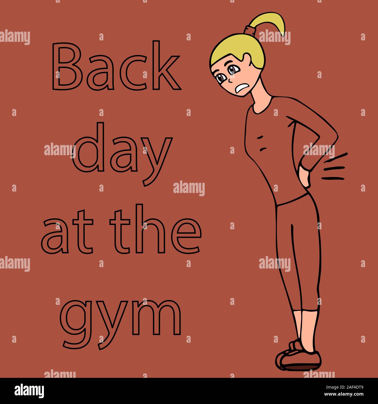 Back day at the gym. woman with a sore back in a tracksuit. White ...