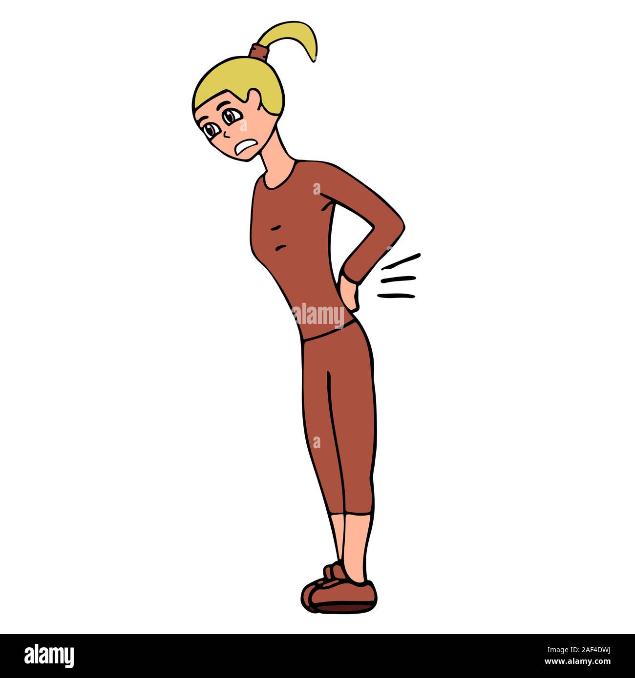 Cartoon young white woman with a sore back in a tracksuit. White ...