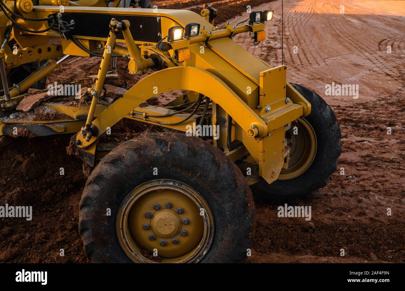 Grader is working on road construction. Grader industrial machine on ...