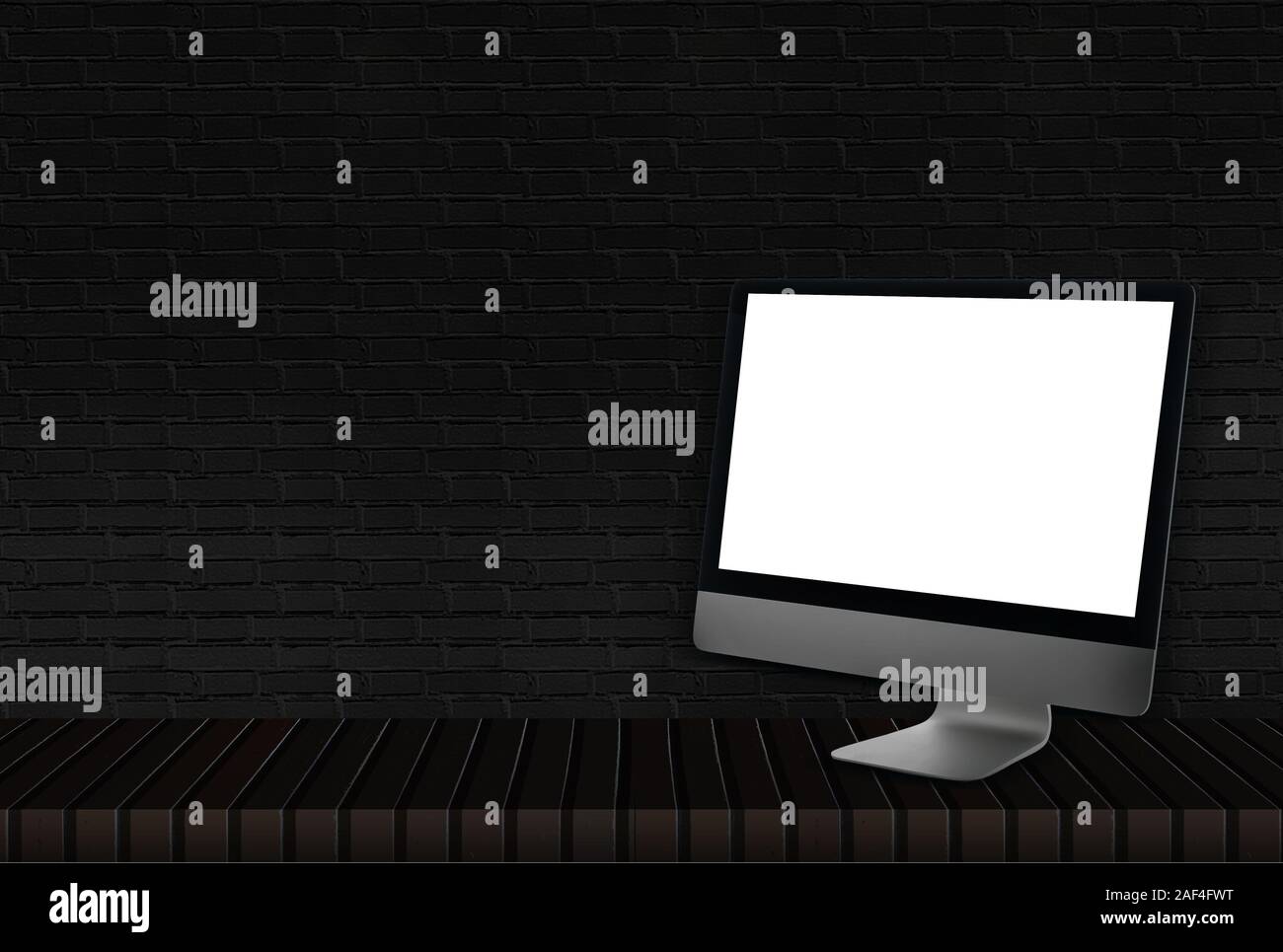 Computer on a wooden floor with black brick floors and solid wood for ...