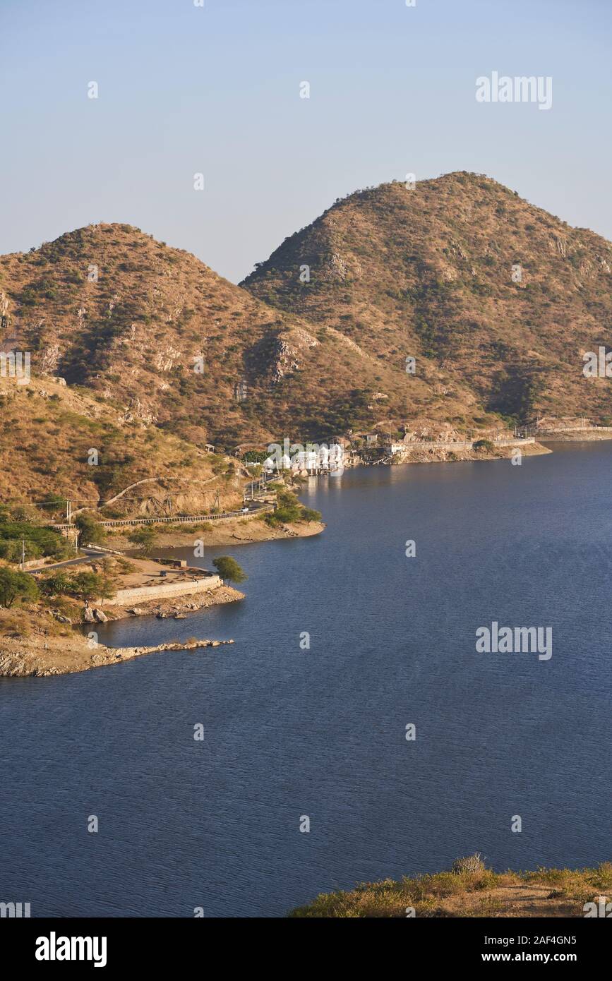 A view of Lake Badi and road connecting to the dam from Bahubali Hills ...