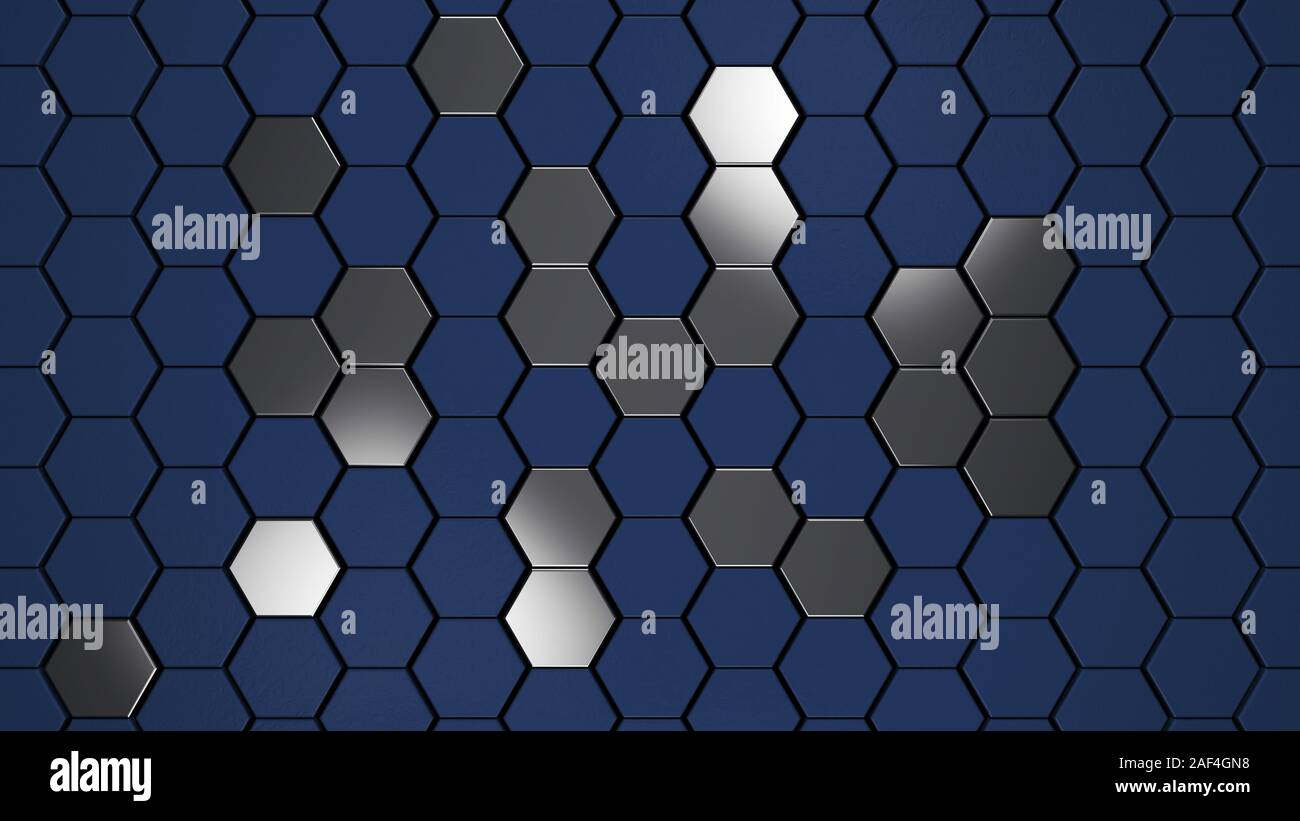 Blue and matal chrome hexagons background pattern, 3d render ...