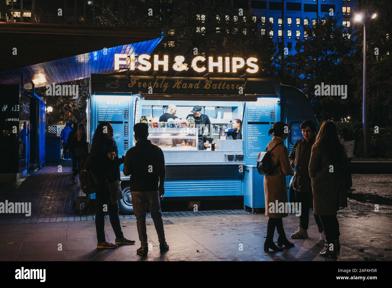 London, UK - November 24, 2019: Fish and chips stall at Southbank ...
