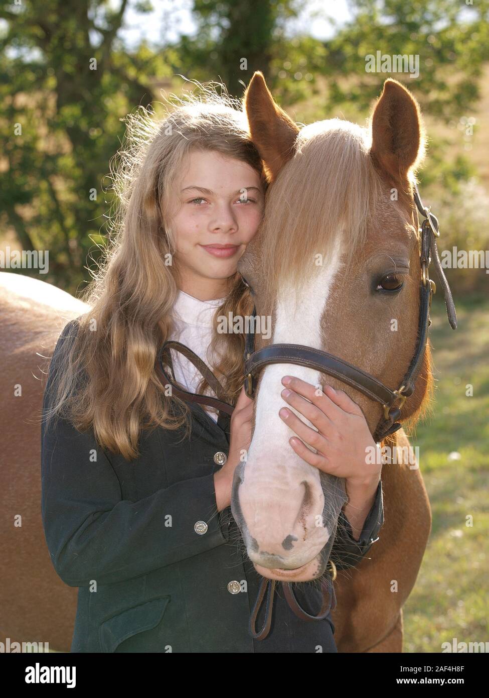 A girl and her cute chestnut pony in the summer Stock Photo - Alamy